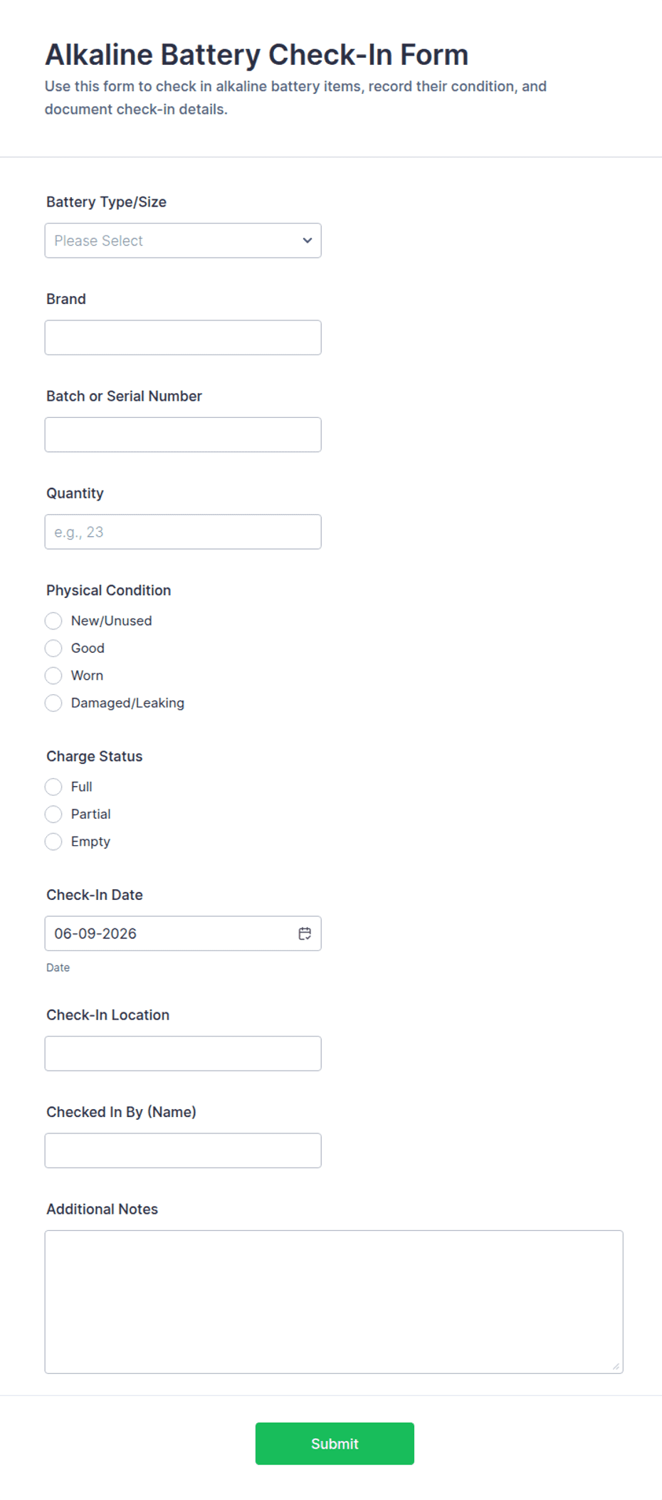 Alkaline Battery Check-In Form Template | Jotform