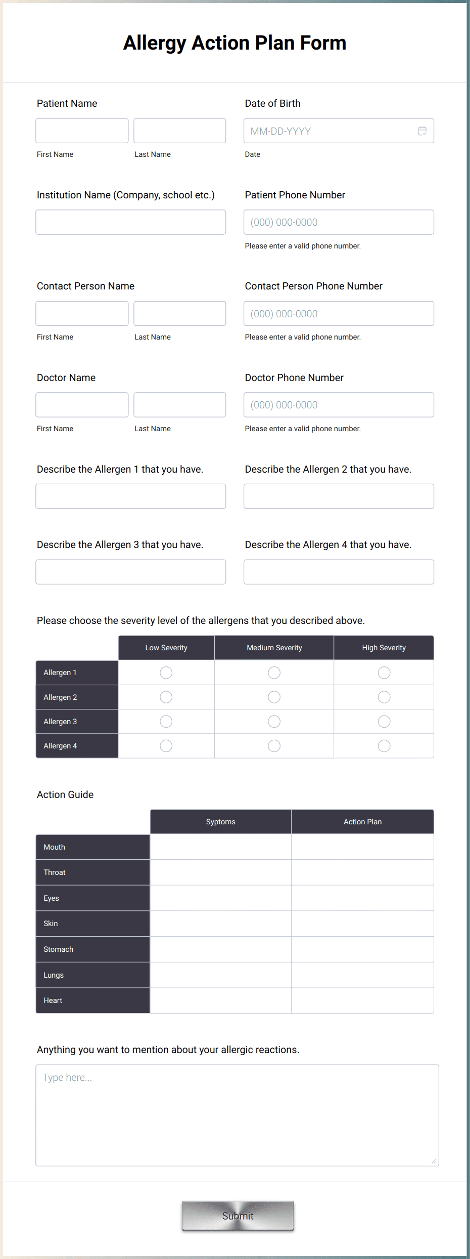 Allergy Action Plan Form Template | Jotform
