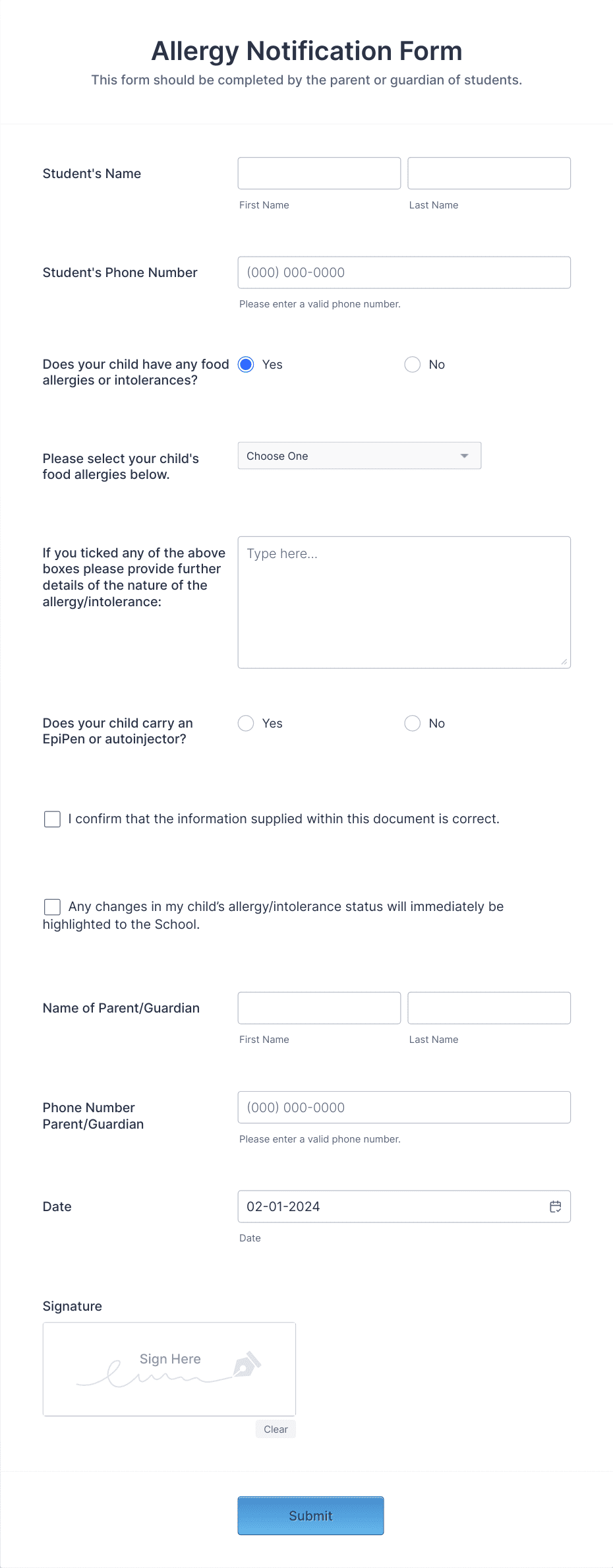 Allergy Notification Form Template | Jotform