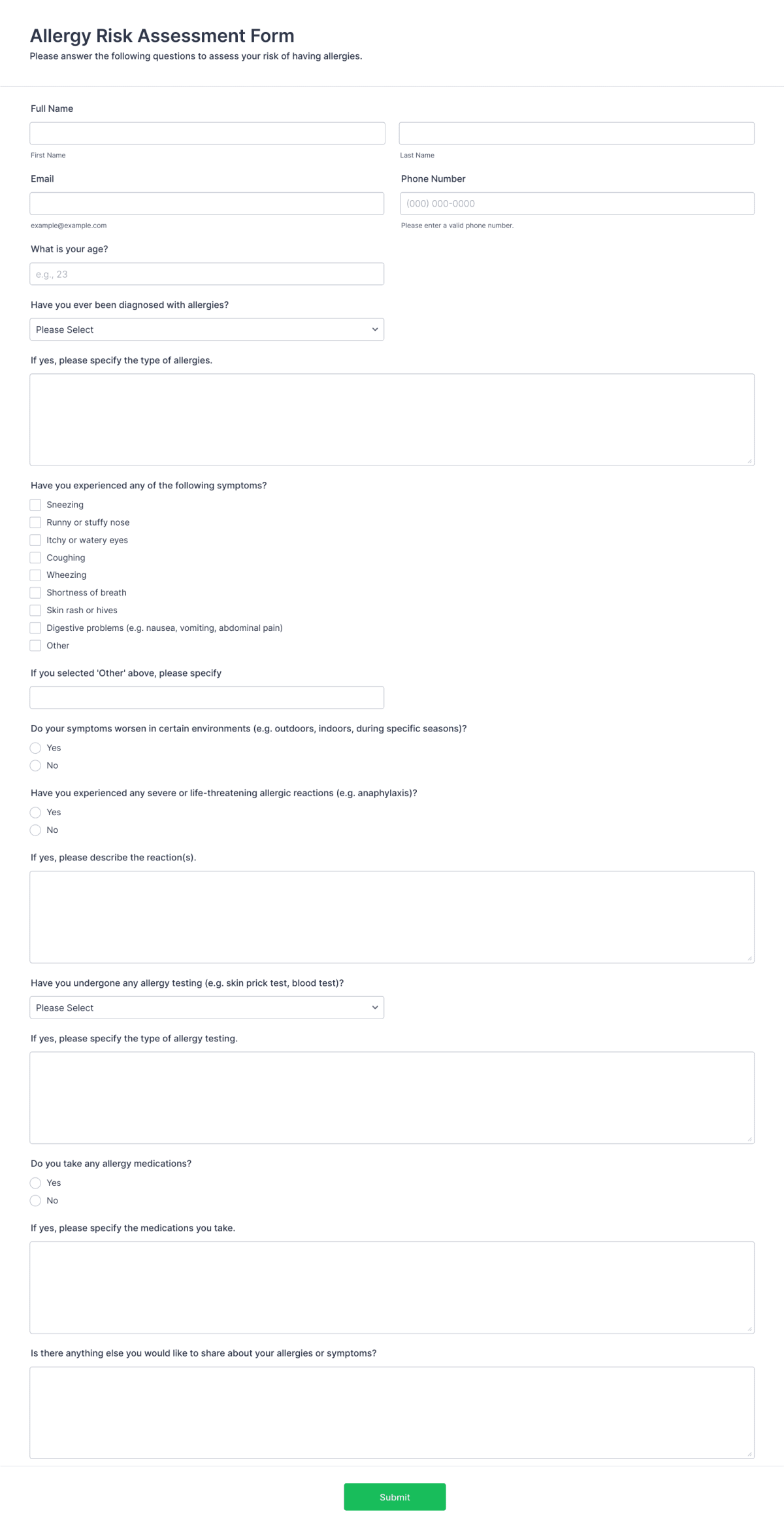 Allergy Risk Assessment Form Template | Jotform