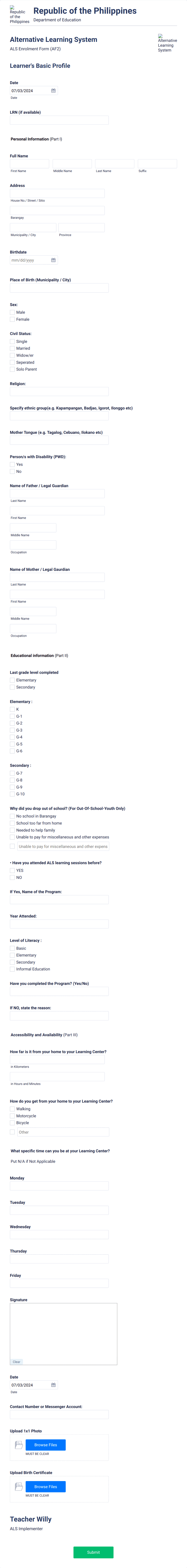 ALS Learners Enrollment Form Template | Jotform