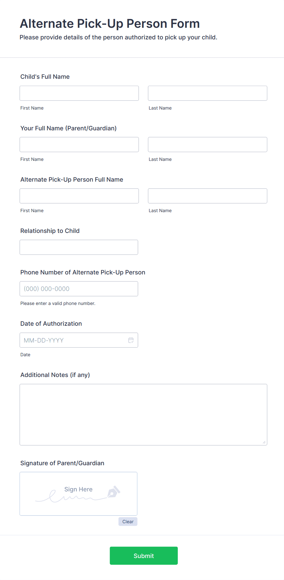 Alternate Pick-Up Person Form Template | Jotform
