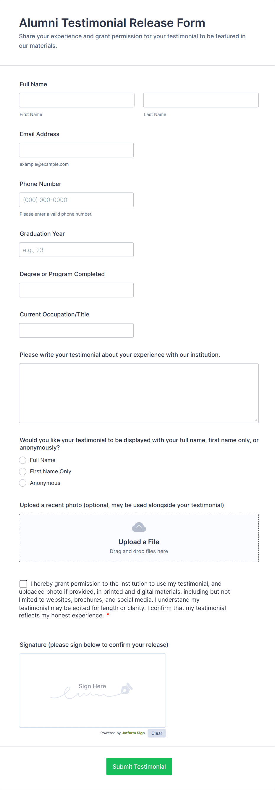 Alumni Testimonial Release Form Form Template | Jotform