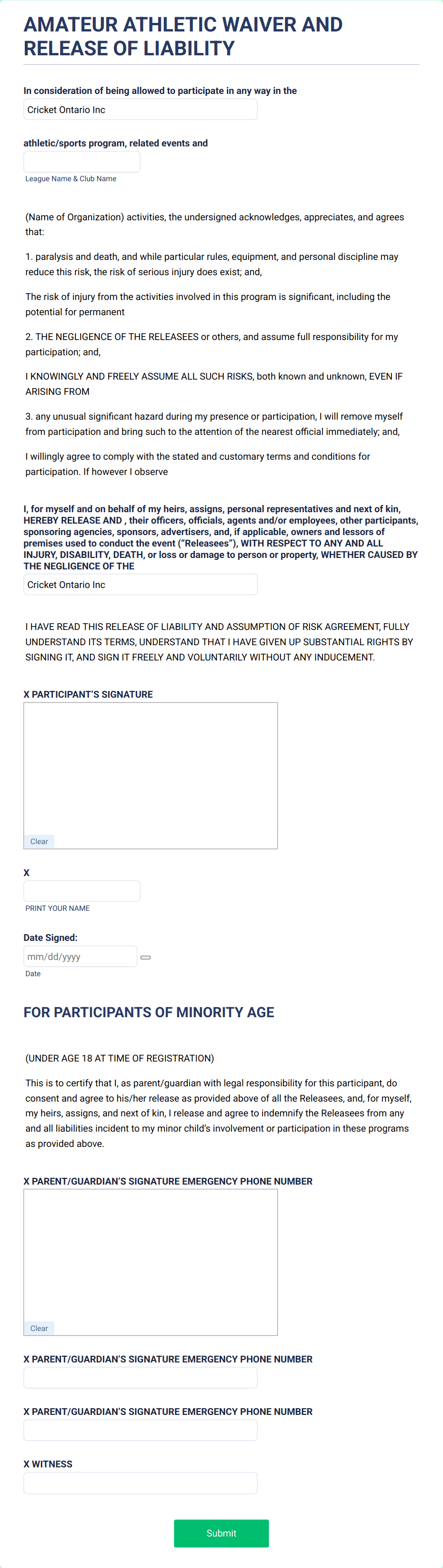 Amateur Athletic Waiver and Release of Liability Form Template | Jotform
