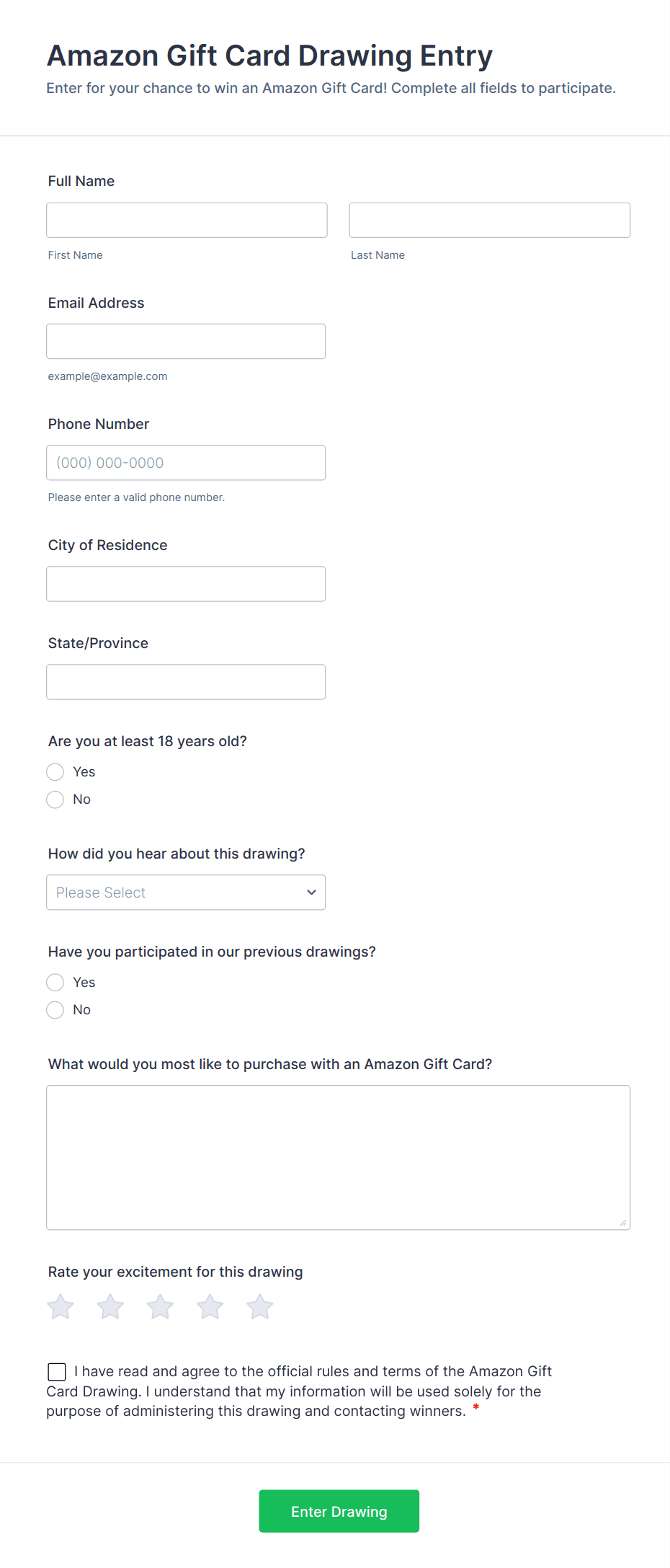 Amazon Gift Card Drawing Entry Form Template | Jotform
