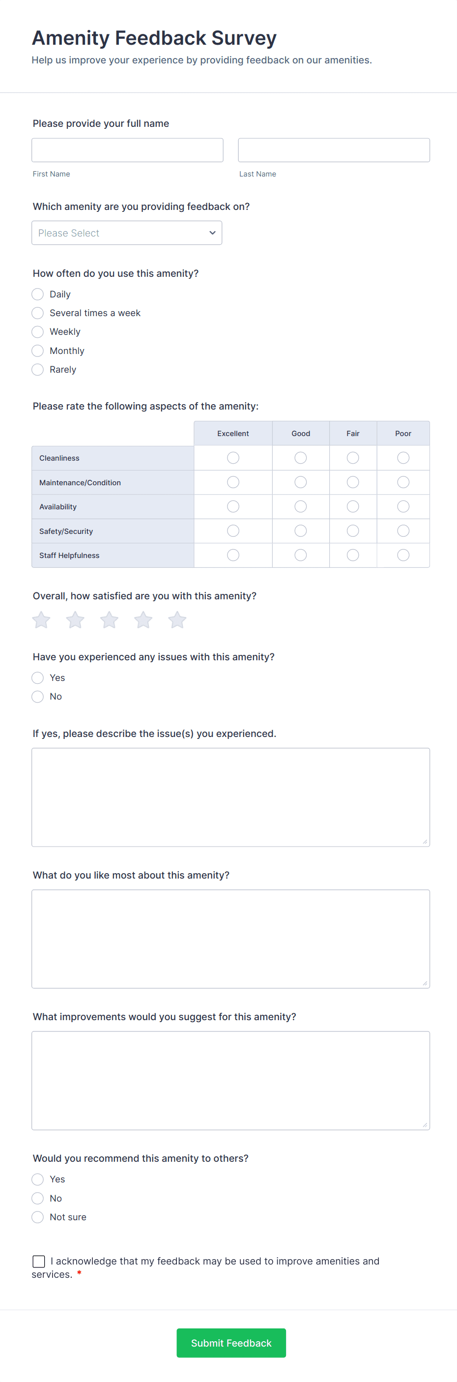 Amenity Feedback Survey Form Template | Jotform