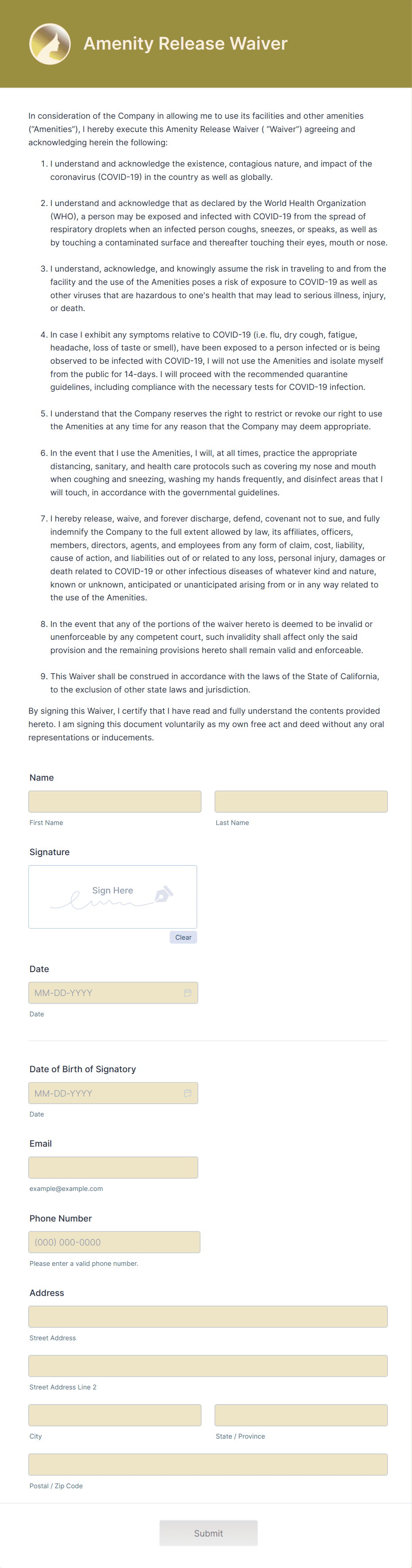 Amenity Release Waiver Form Template | Jotform
