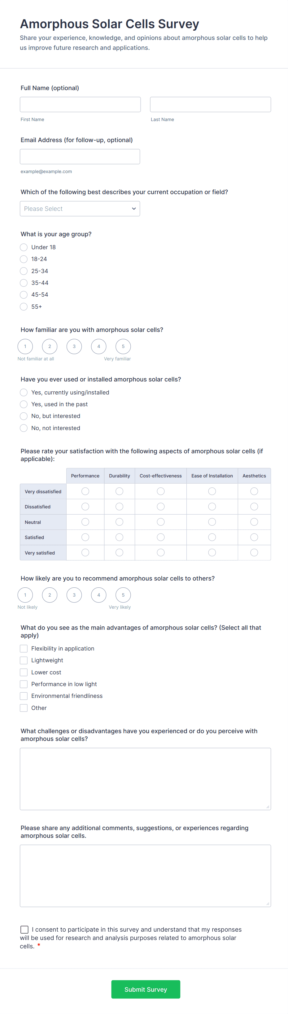 Amorphous Solar Cells Survey Form Template | Jotform