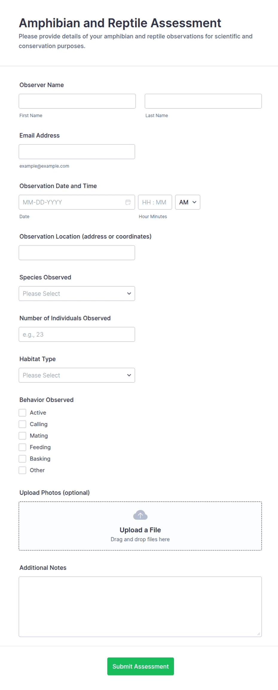 Amphibian and Reptile Assessment Form Template | Jotform