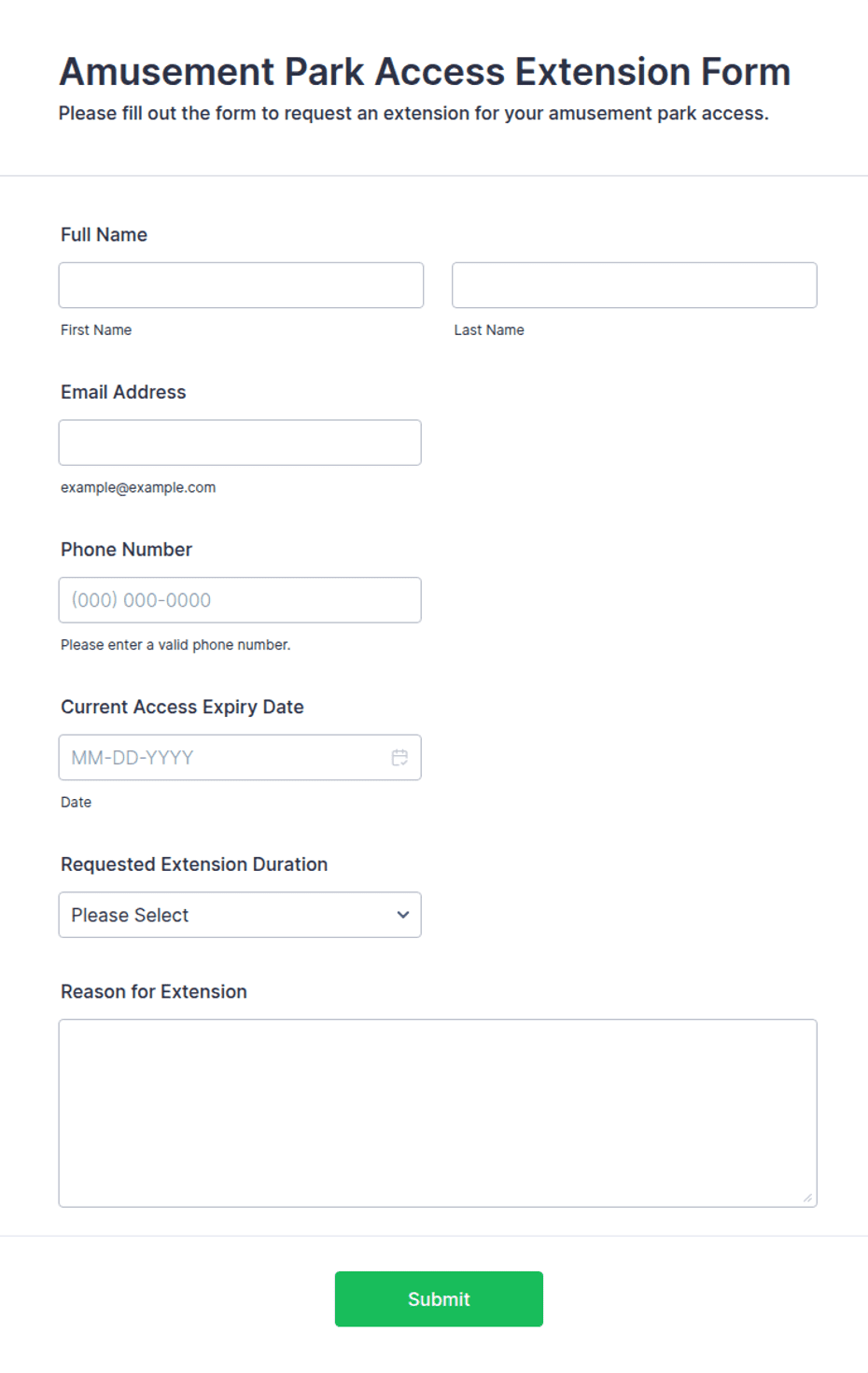 Amusement Park Access Extension Form Template | Jotform