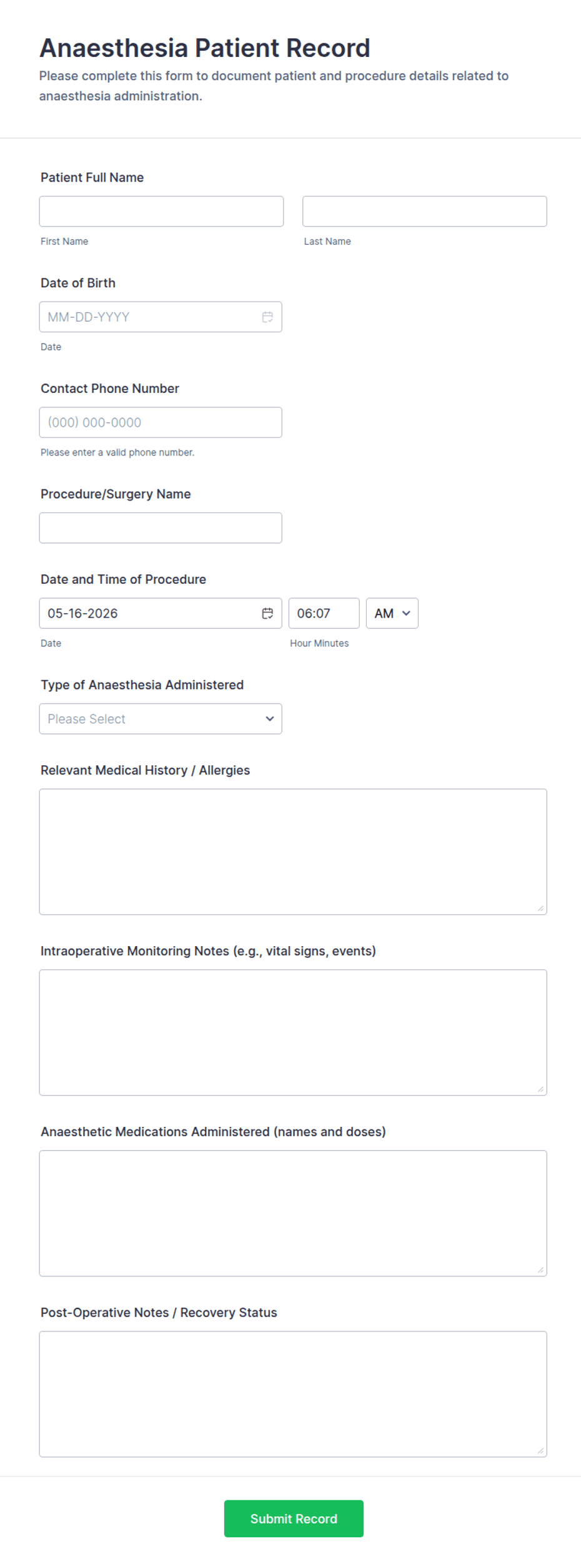 Anaesthesia Patient Record Form Template | Jotform