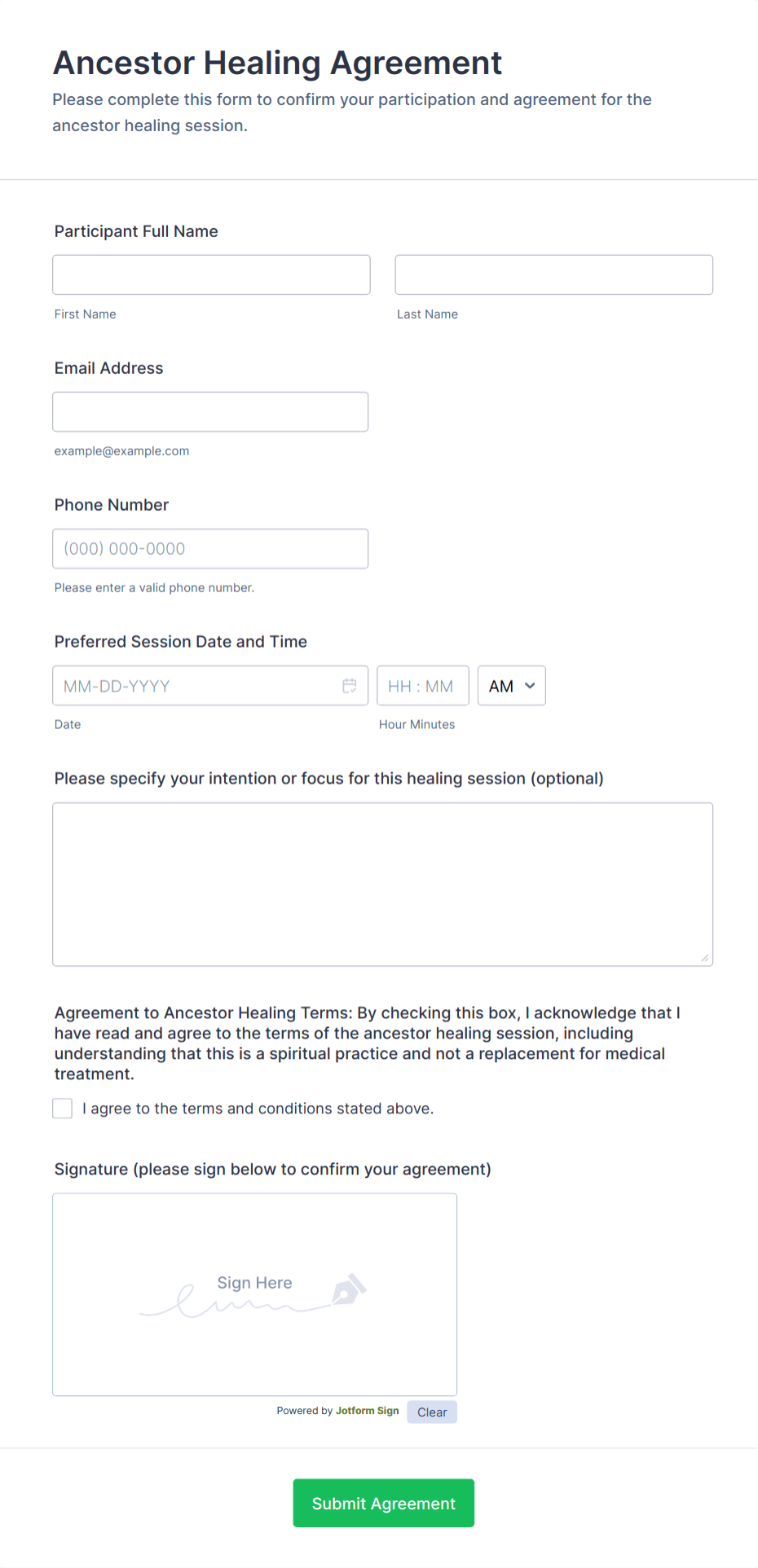Ancestor Healing Agreement Form Template | Jotform