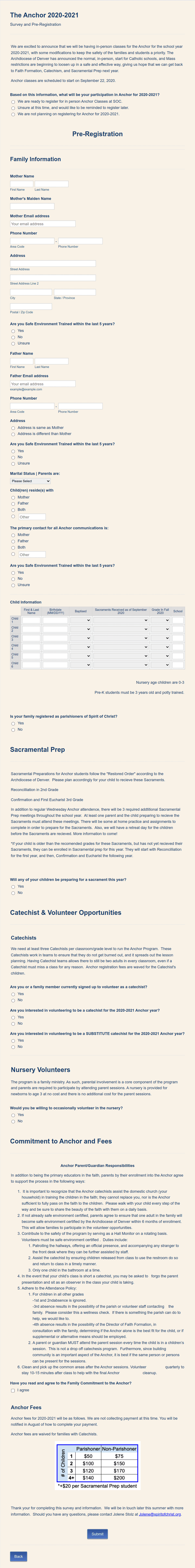 Anchor Family Registration 2020-2021 Form Template | Jotform