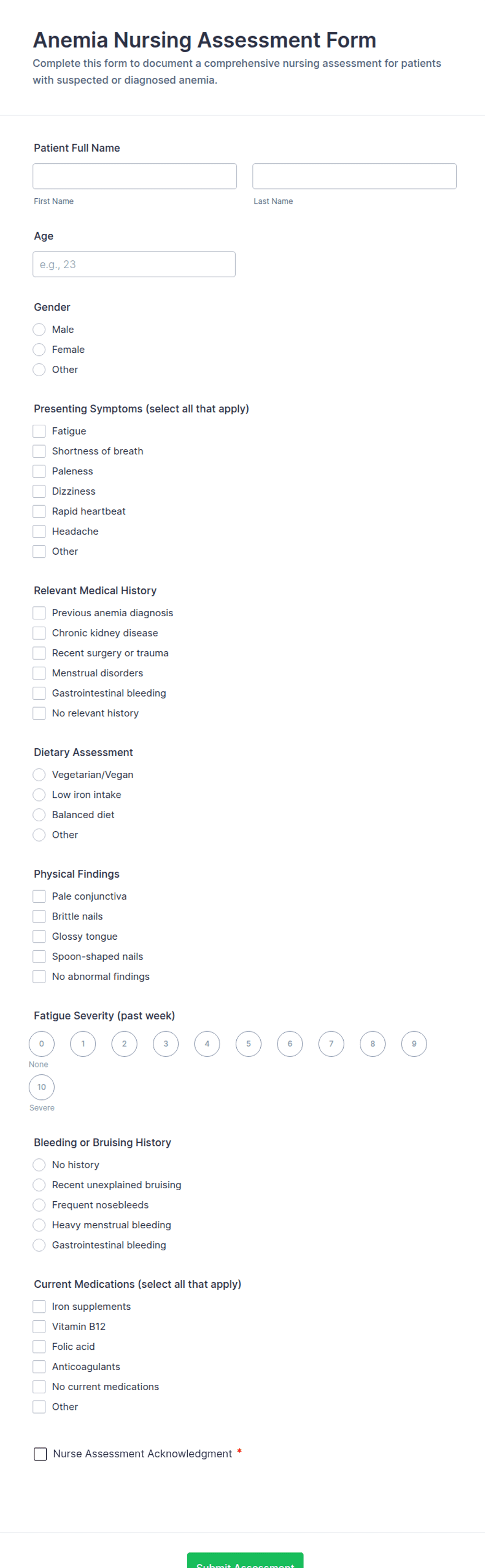 Anemia Nursing Assessment Form Template | Jotform