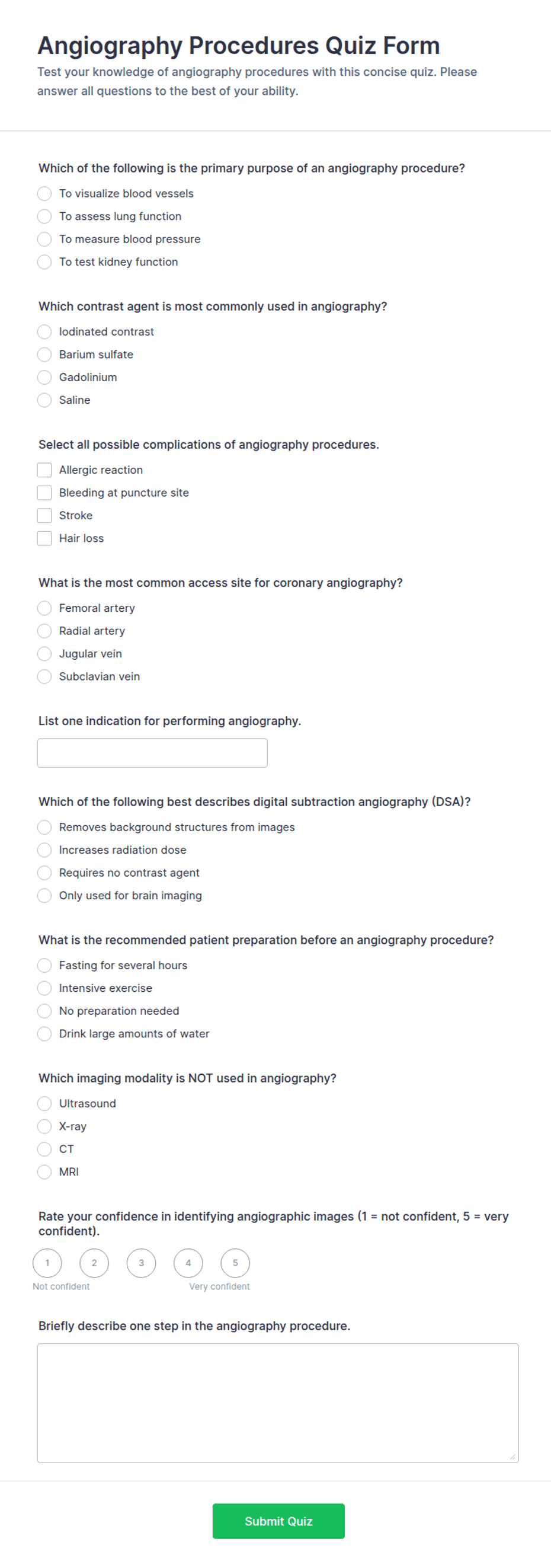 Angiography Procedures Quiz Form Template | Jotform