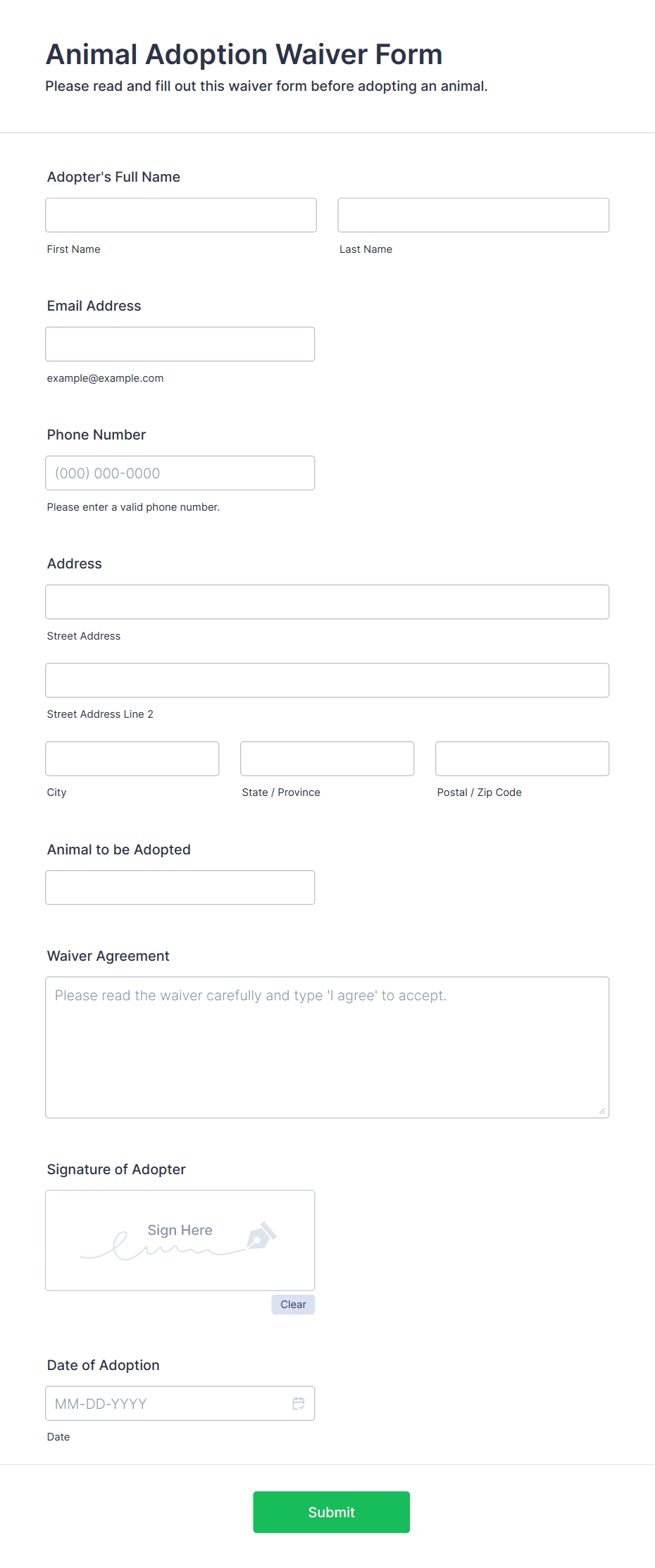 Animal Adoption Waiver Form Template | Jotform