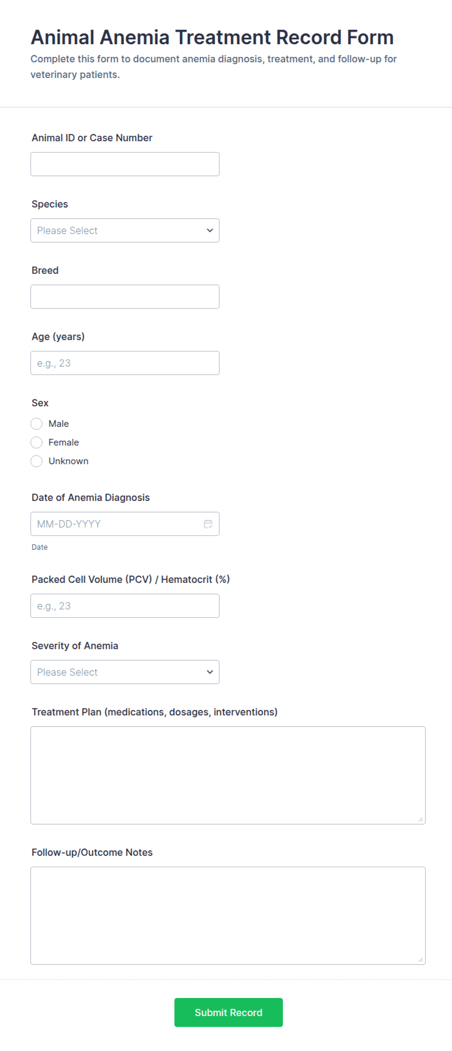 Animal Anemia Treatment Record Form Template | Jotform