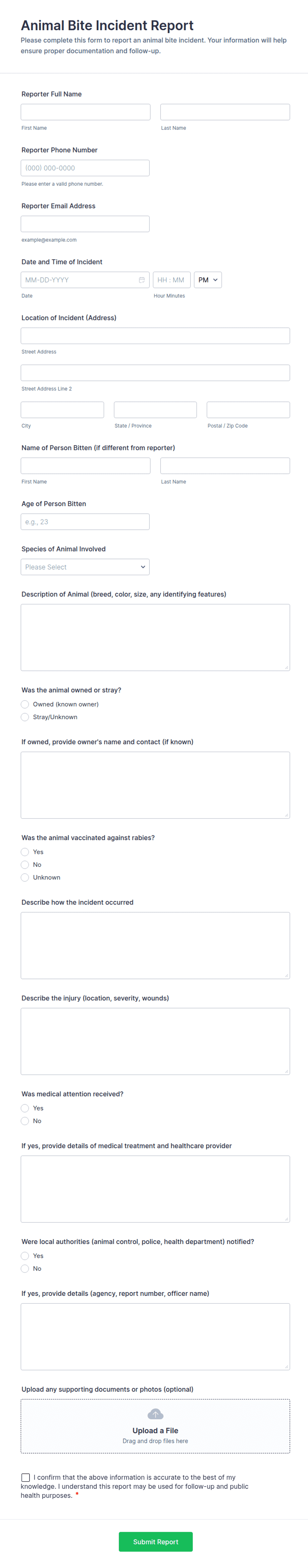 Animal Bite Incident Report Form Template | Jotform