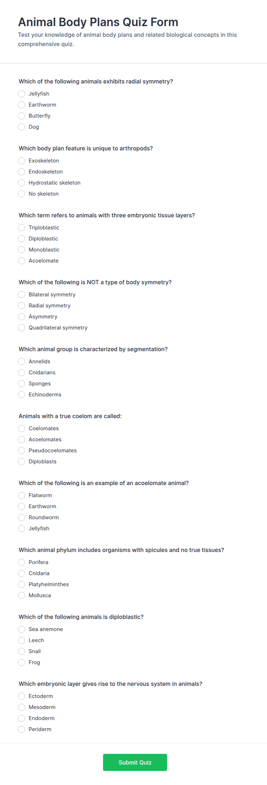 Animal Body Plans Quiz Form Template | Jotform