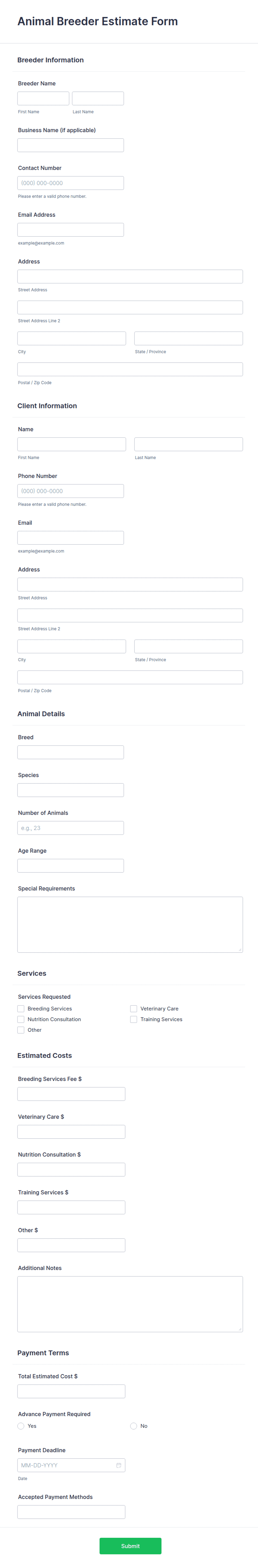 Animal Breeder Estimate Form Template | Jotform