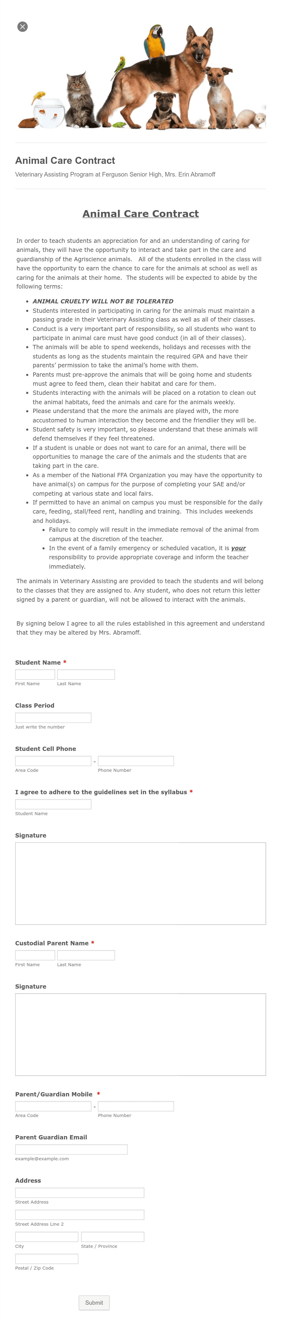 Animal Care Contract Form Template | Jotform