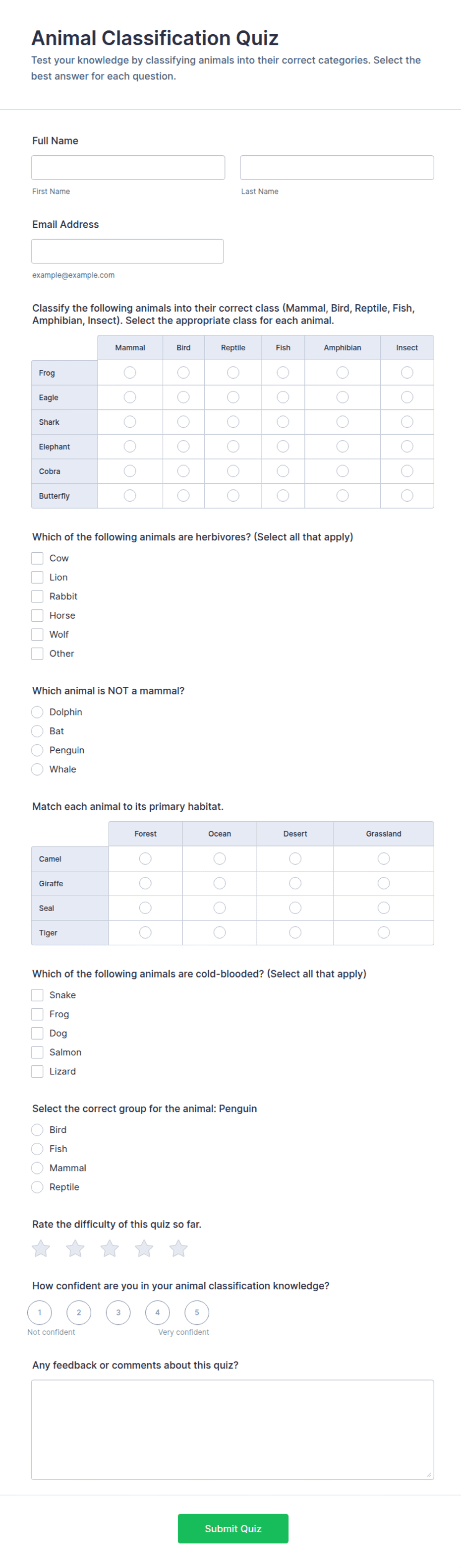 Animal Classification Quiz Form Template | Jotform