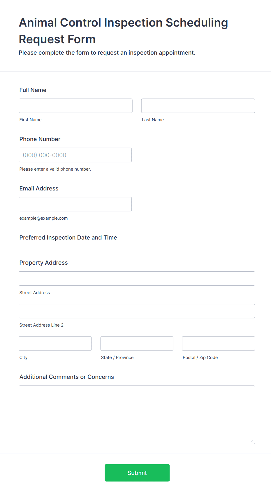 Animal Control Inspection Scheduling Request Form Template | Jotform