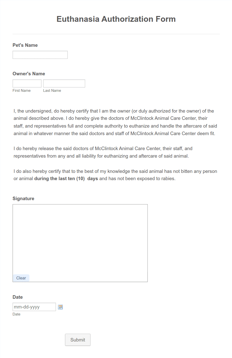Animal Euthanasia Authorization Form Template | Jotform