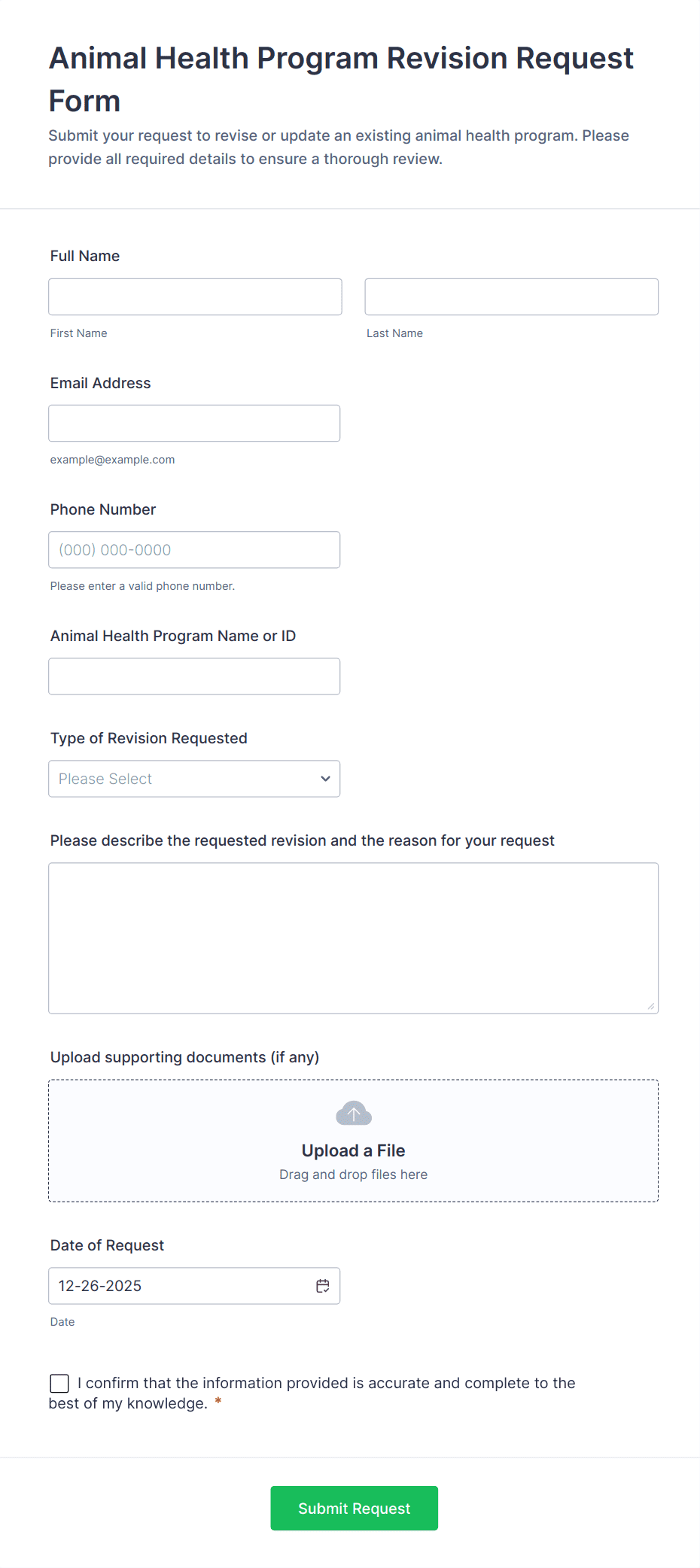Animal Health Program Revision Request Form Template | Jotform