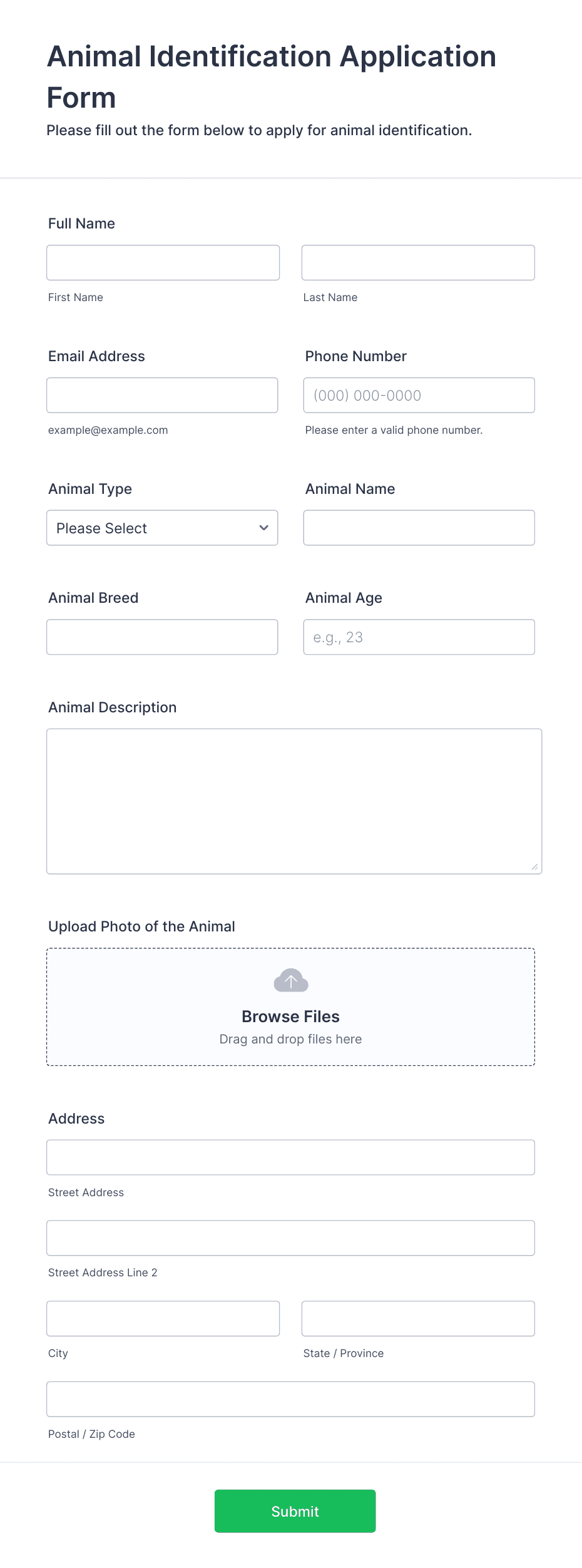 Animal Identification Application Form Template | Jotform