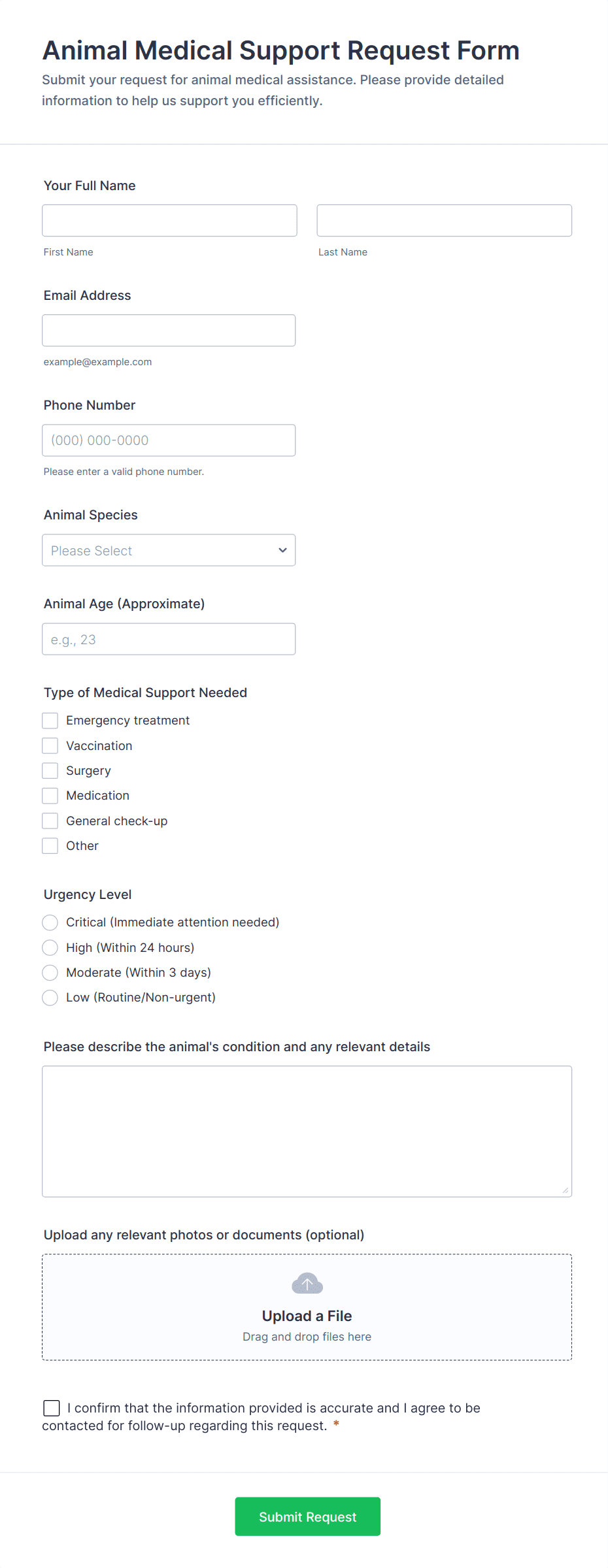 Animal Medical Support Request Form Template | Jotform