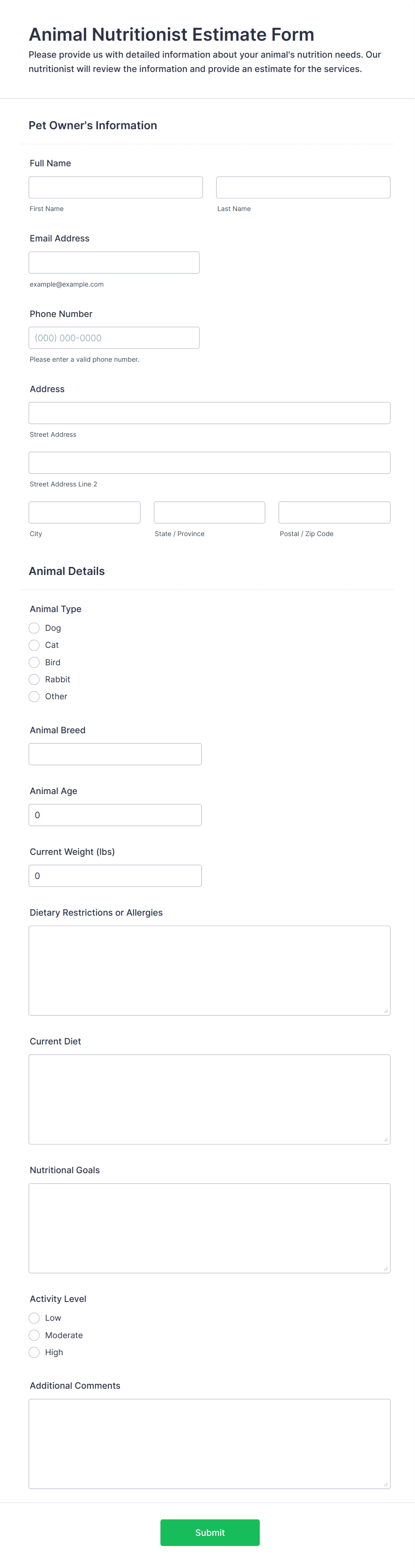 Animal Nutritionist Estimate Form Template | Jotform