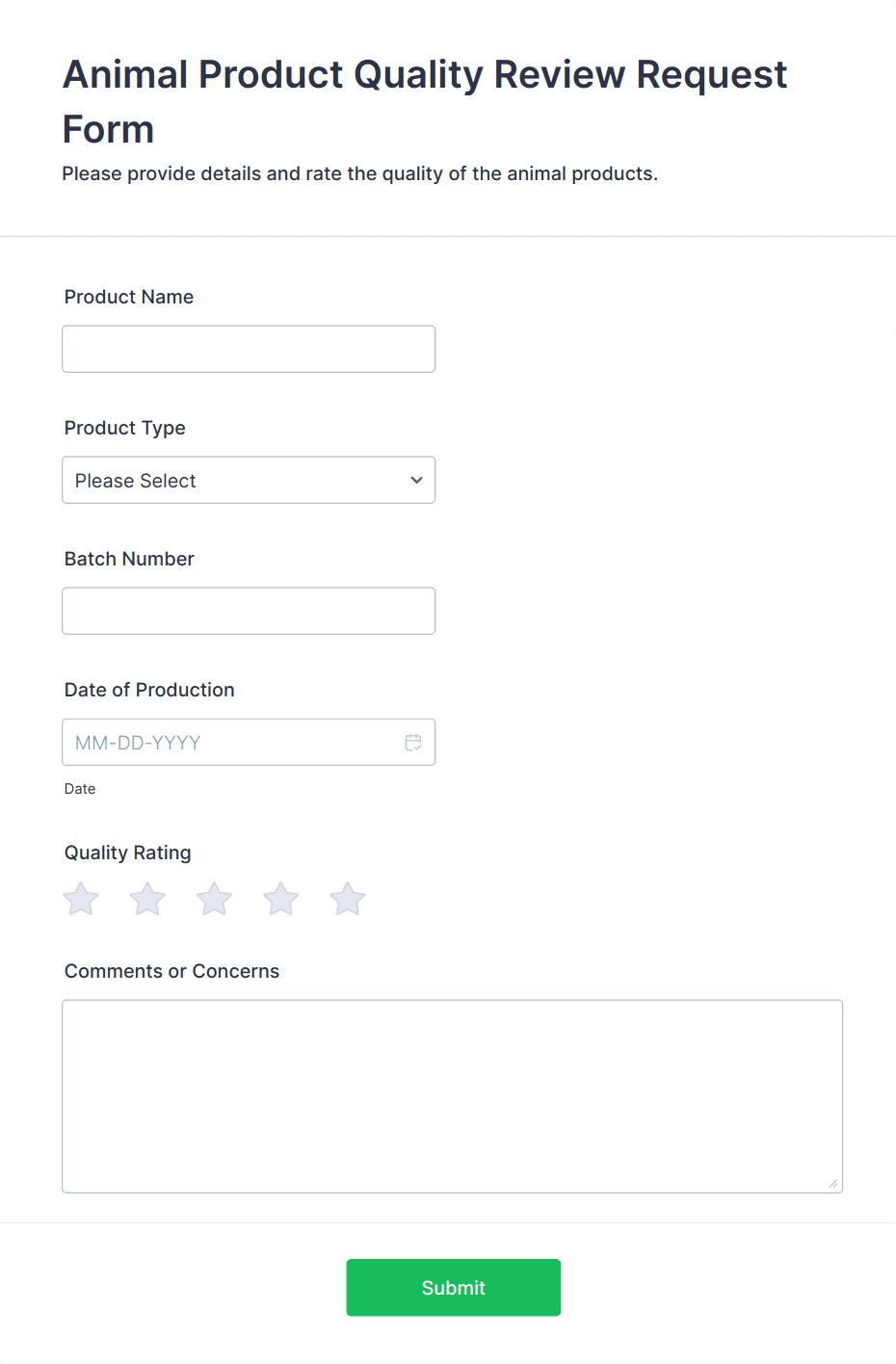 Animal Product Quality Review Request Form Template | Jotform