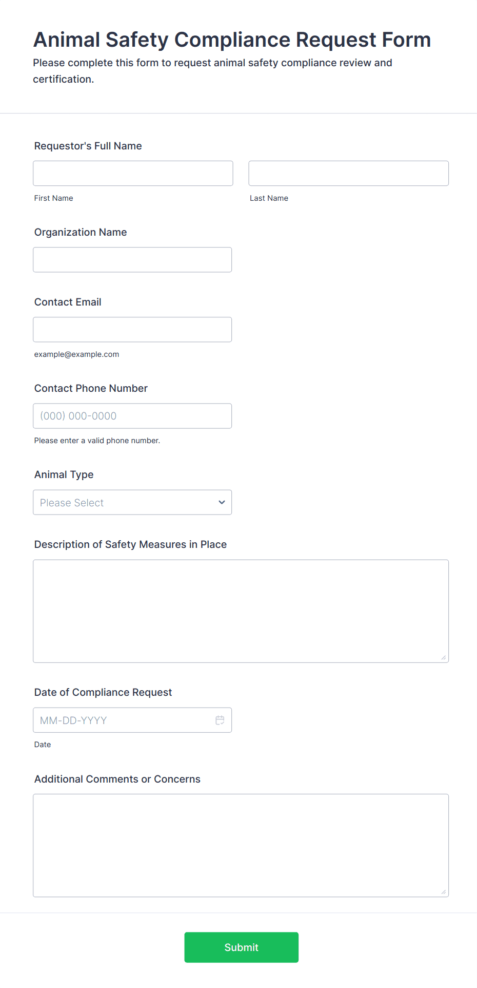 Animal Safety Compliance Request Form Template | Jotform