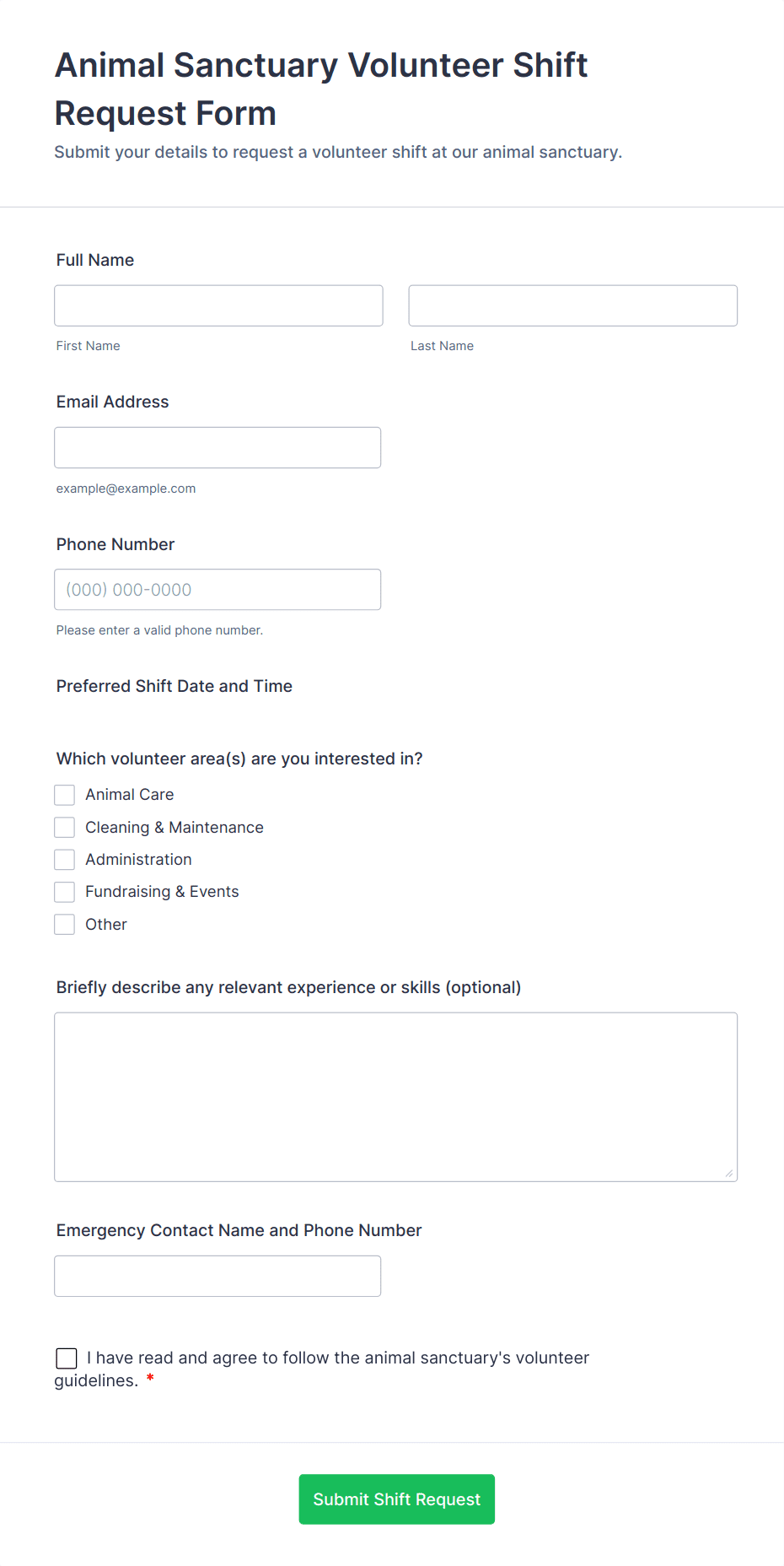Animal Sanctuary Volunteer Shift Request Form Template | Jotform