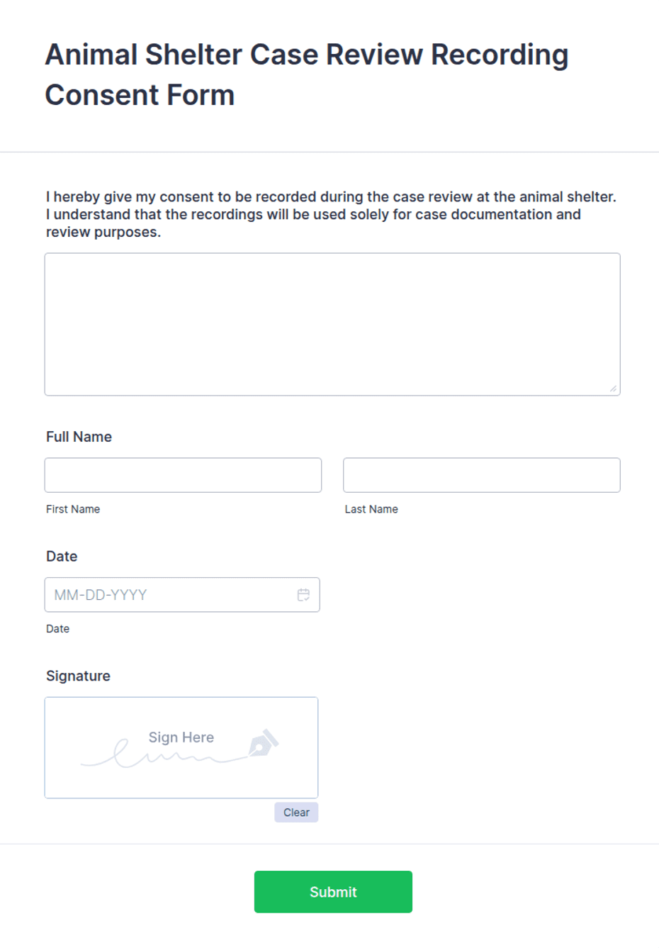 Animal Shelter Case Review Recording Consent Form Template | Jotform