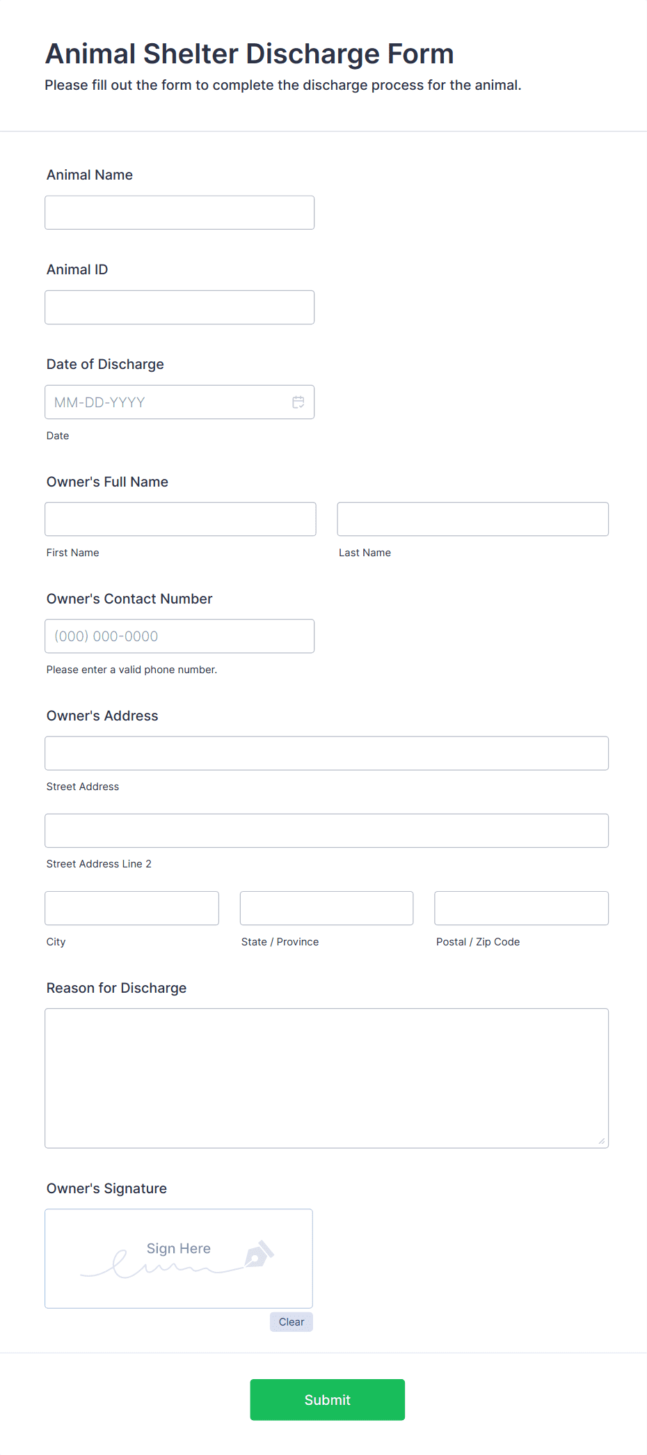Animal Shelter Discharge Form Template | Jotform