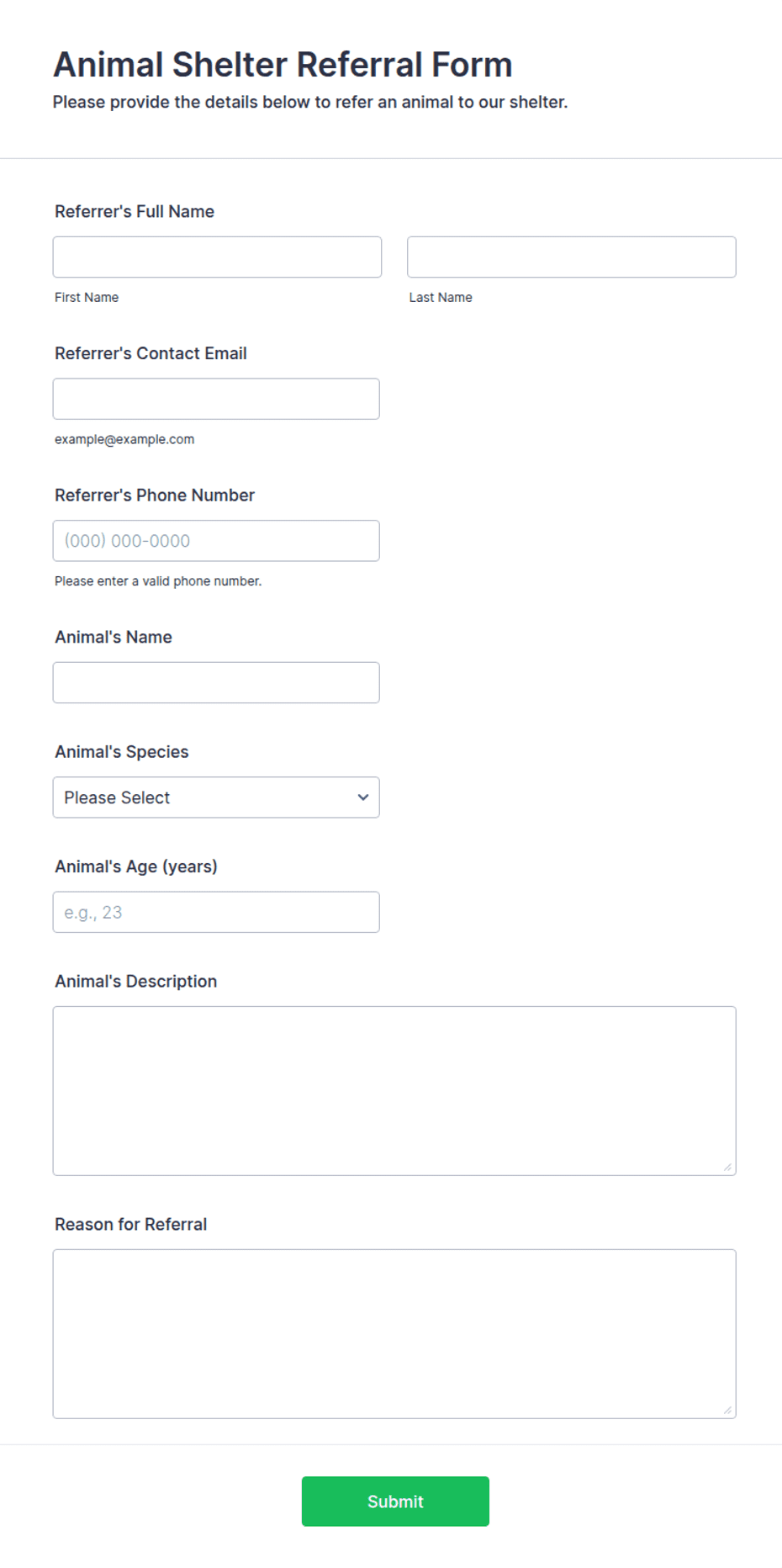Animal Shelter Referral Form Template | Jotform