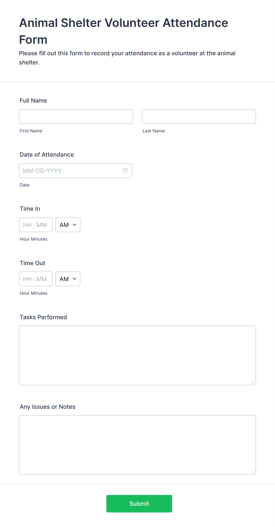 Animal Shelter Volunteer Attendance Form Template | Jotform