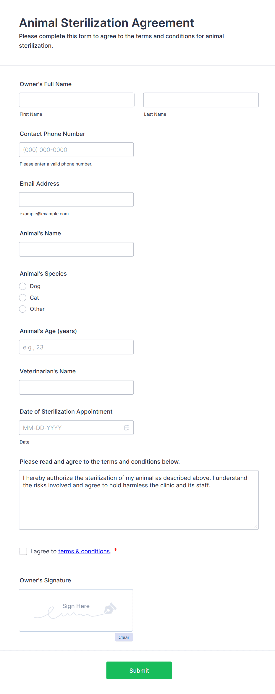 Animal Sterilization Agreement Form Template | Jotform