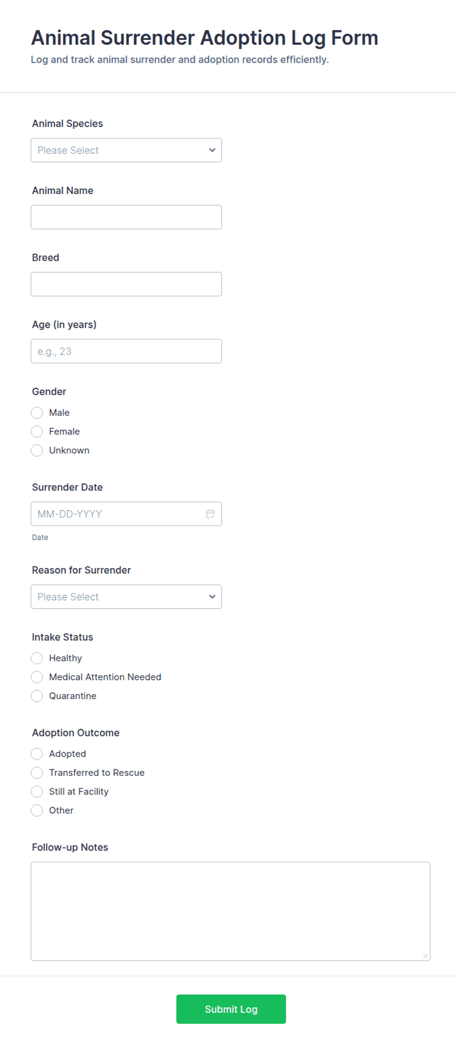 Animal Surrender Adoption Log Form Template | Jotform