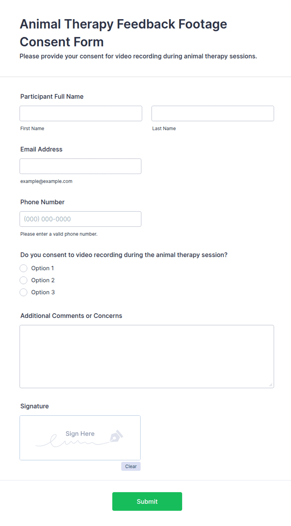 Animal Therapy Feedback Footage Consent Form Template | Jotform