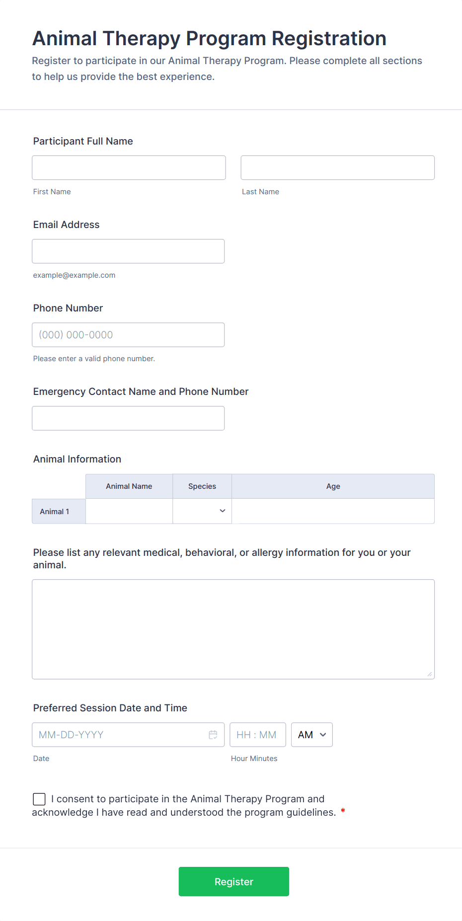 Animal Therapy Program Registration Form Template | Jotform