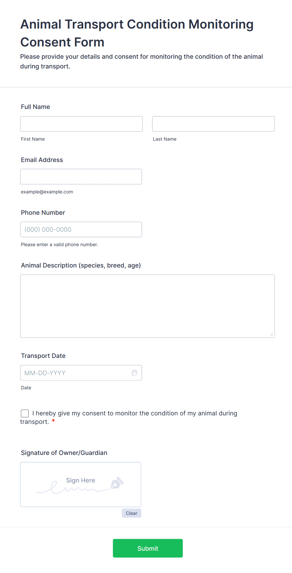 Animal Transport Condition Monitoring Consent Form Template | Jotform
