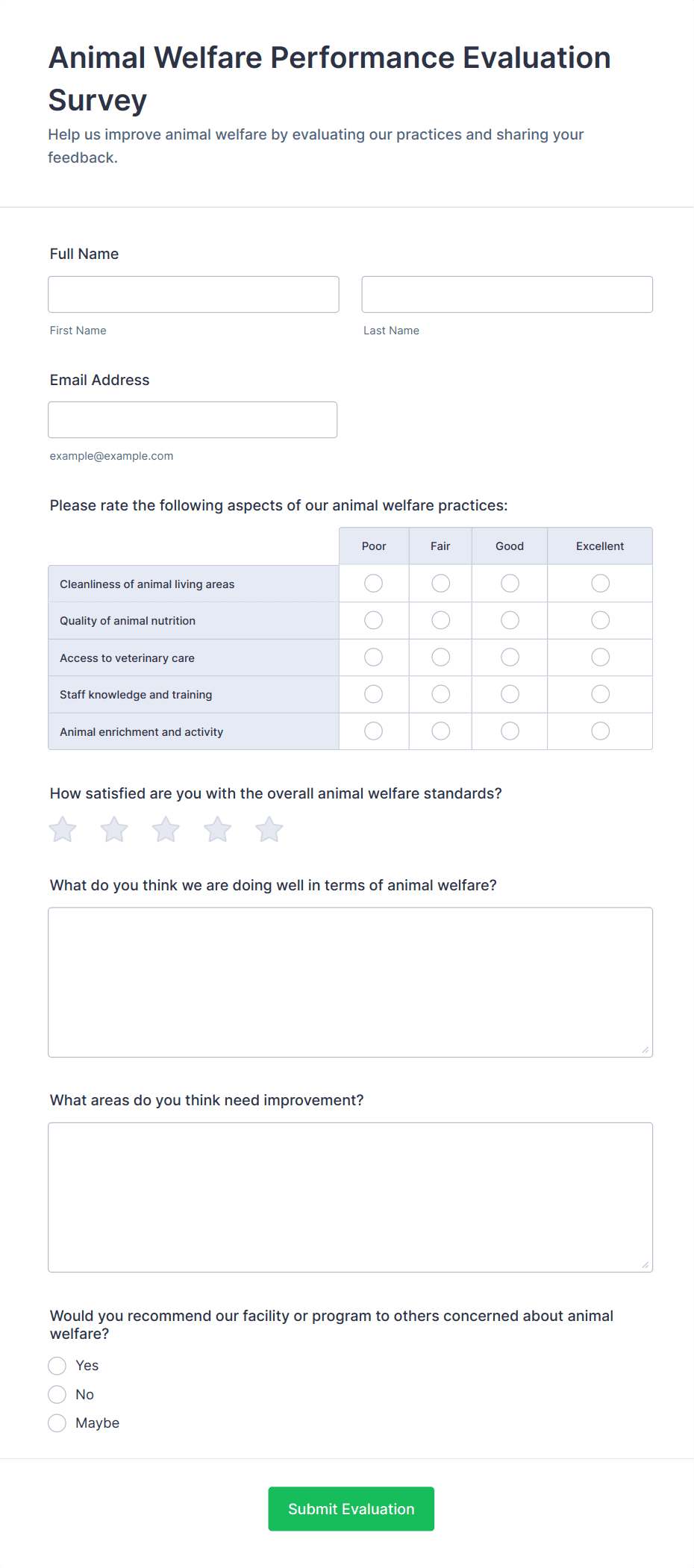 Animal Welfare Performance Evaluation Survey Form Template | Jotform