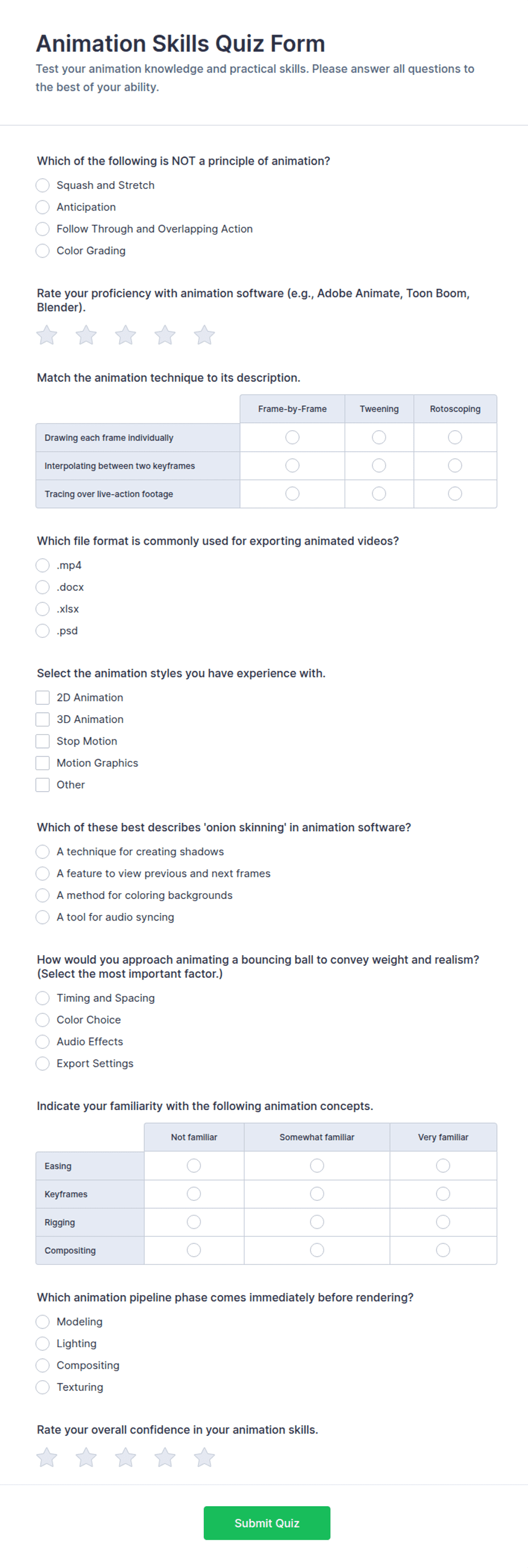 Animation Skills Quiz Form Template | Jotform
