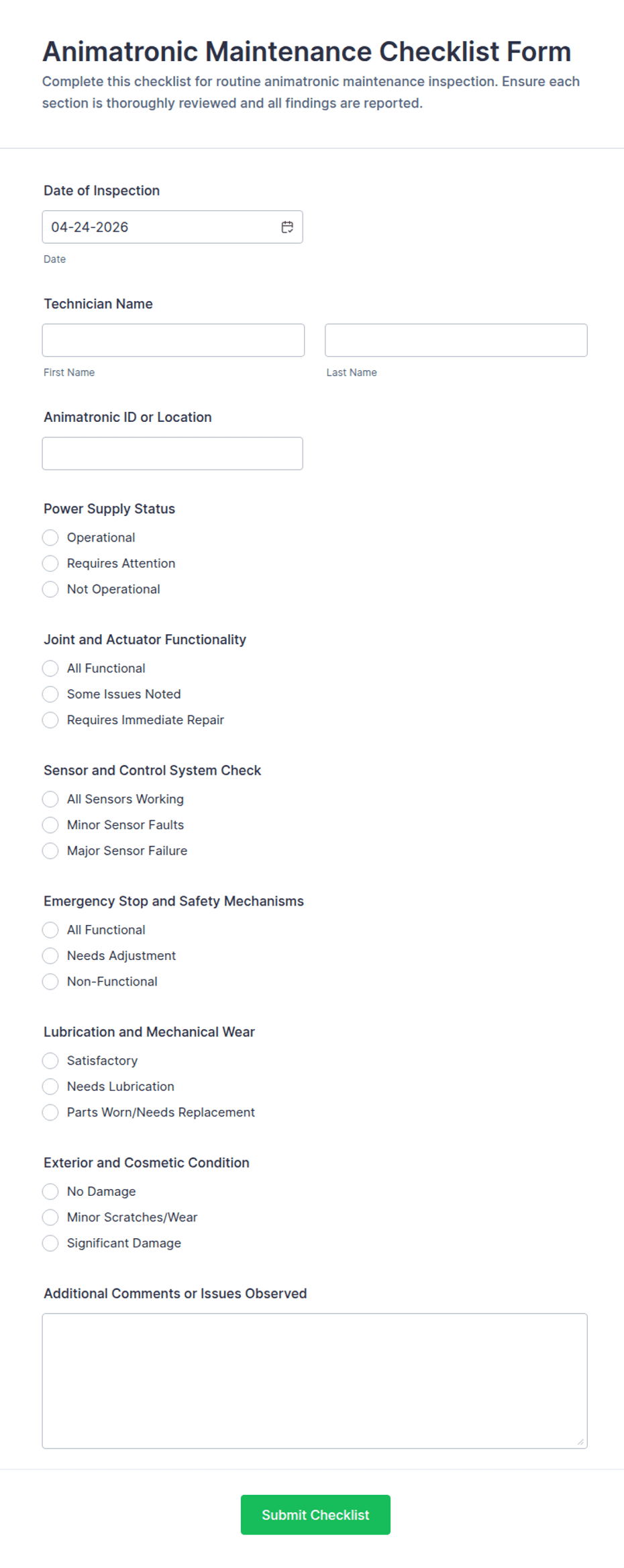 Animatronic Maintenance Checklist Form Template | Jotform
