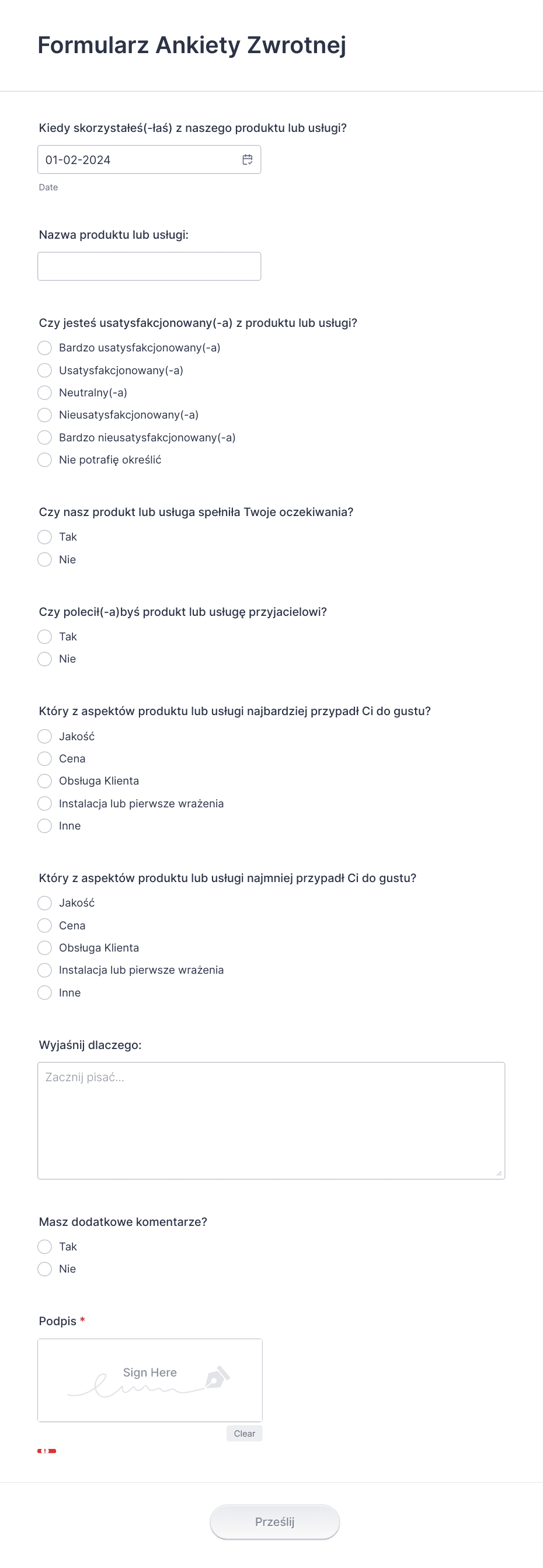 Ankieta Zwrotna Szablon Formularza | Jotform