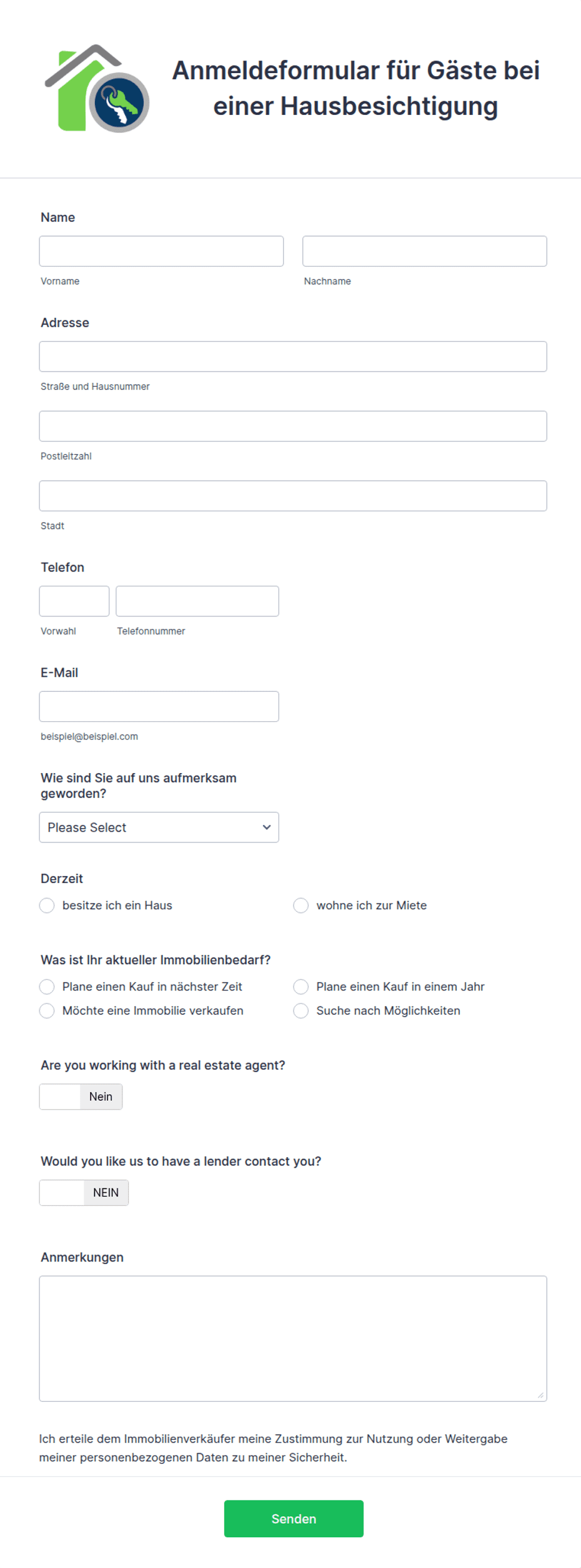 Anmeldeformular für Gäste bei einer Hausbesichtigung | Jotform