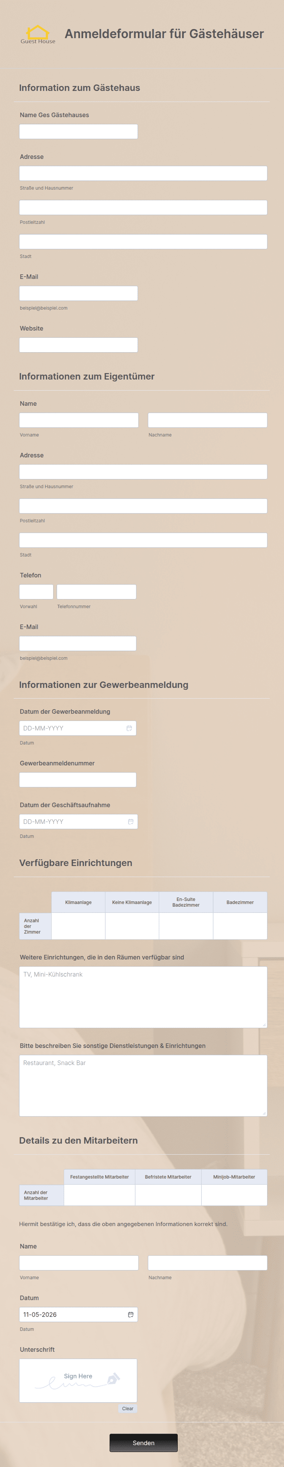 Anmeldeformular für Gästehäuser Formularvorlage | Jotform